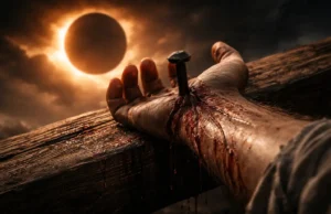 Crucifixion Close-Up of Hand Nailed to Cross Under Dark Eclipse Sky ...